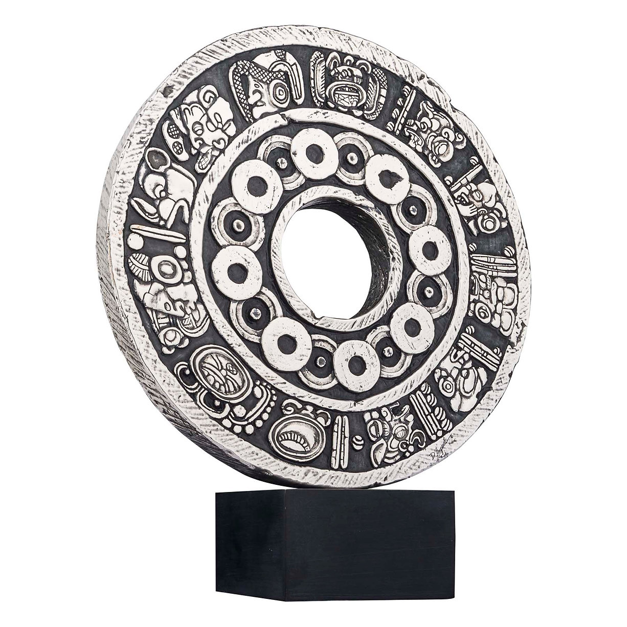 Dargenta Mayan Glyphs Circular Stone Silver Relief
